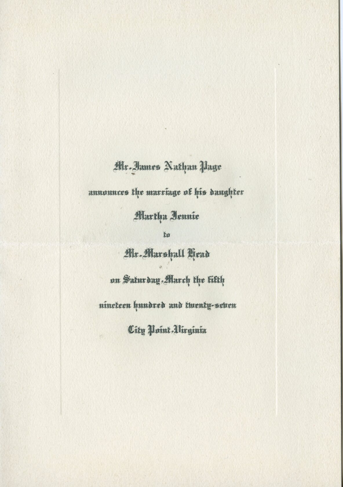 Wedding Announcement for Martha Jennie Page and Marshall Read - Smyth ...