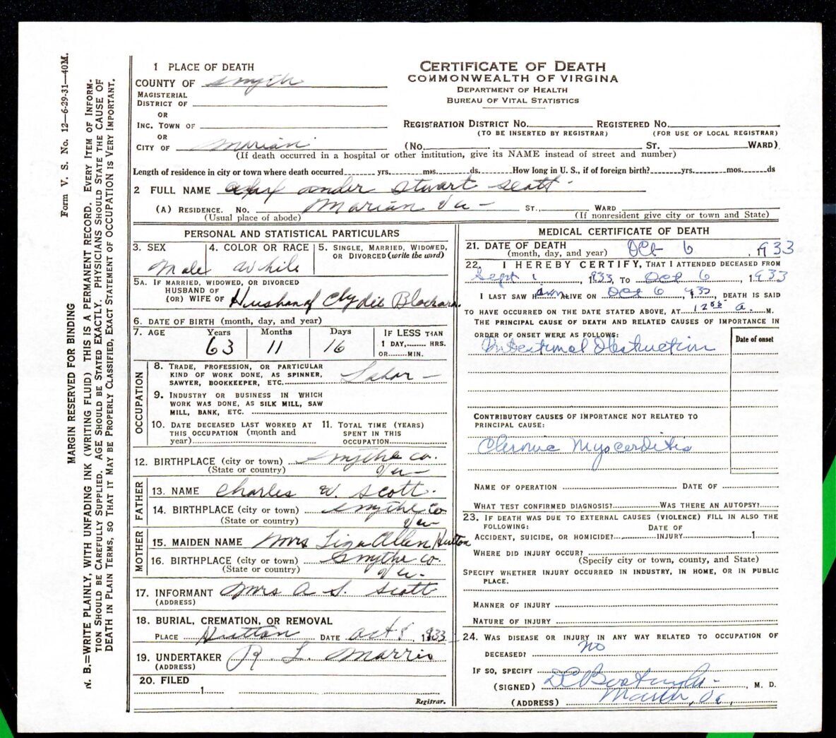 Alexander Stuart Scott Death Certificate - Smyth County Public Libraries