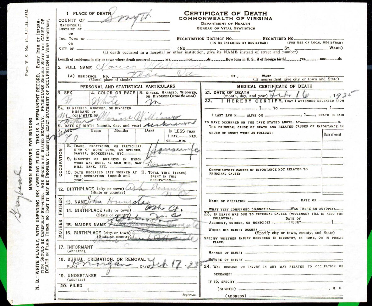 Nancy Williams Death Certificate - Smyth County Public Libraries